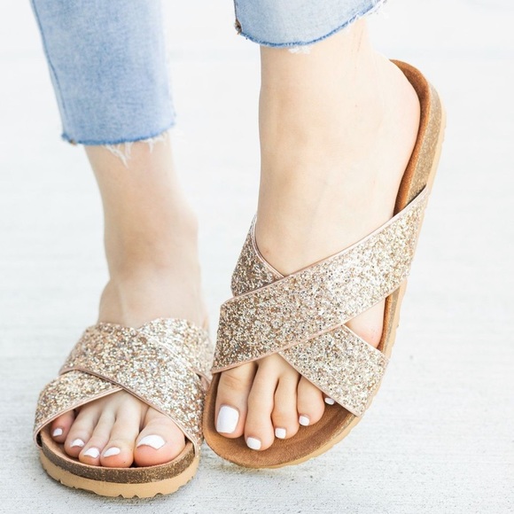 Boutique | Shoes | Mermaid Rose Gold Glittering Thick Platform Slides ...